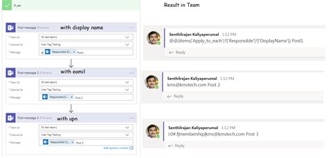tagging a user to microsoft team post not working power platform