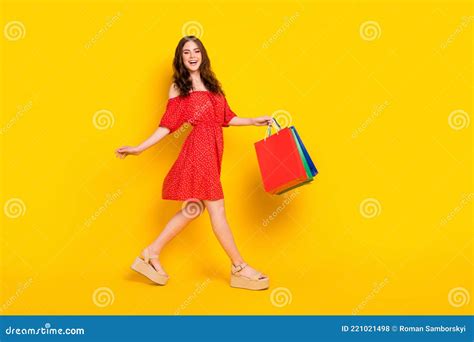 Full Body Profile Portrait Of Pretty Cheerful Person Toothy Smile Look