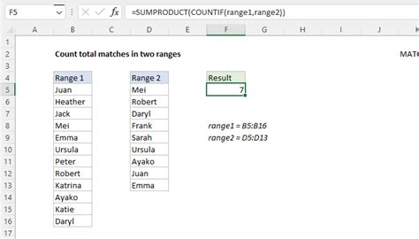 excel formula count total matches in two ranges exceljet