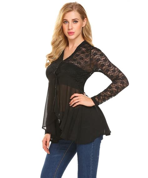 Womens Long Sleeve Blouse Button Up Chiffon Lace Sheer Flowy Shirt Top