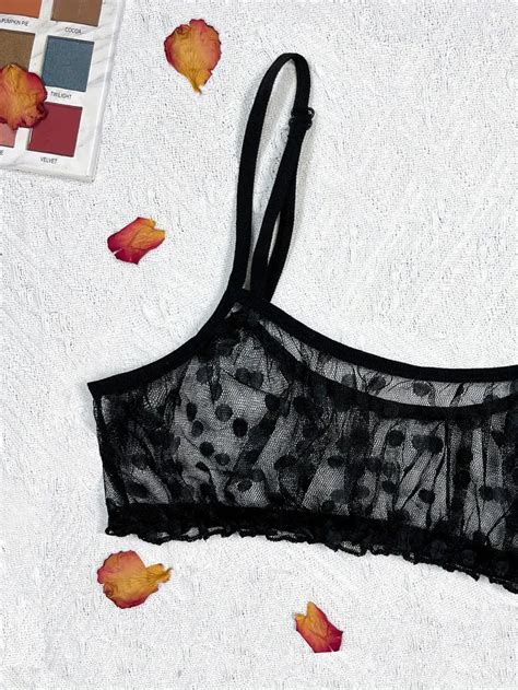Polka Dot Mesh Lingerie Set See Unlined Bra Bow Tie Thong Temu