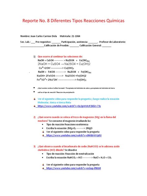 Reporte De Practica 8 Pdf Reacciones Químicas Redox