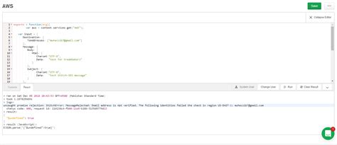 getting region error while using aws ses service in mongodb stitch app