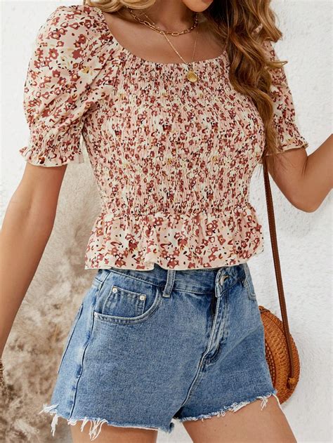 Shein Vcay Ditsy Floral Print Puff Sleeve Peplum Blouse Shein Usa