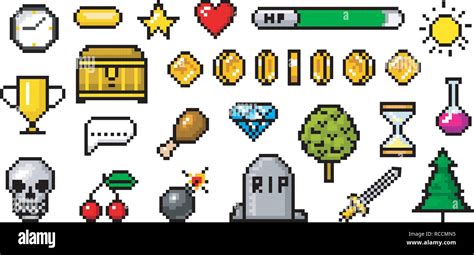 pixel art 8 bits en objets jeu rétro actif ensemble d icônes