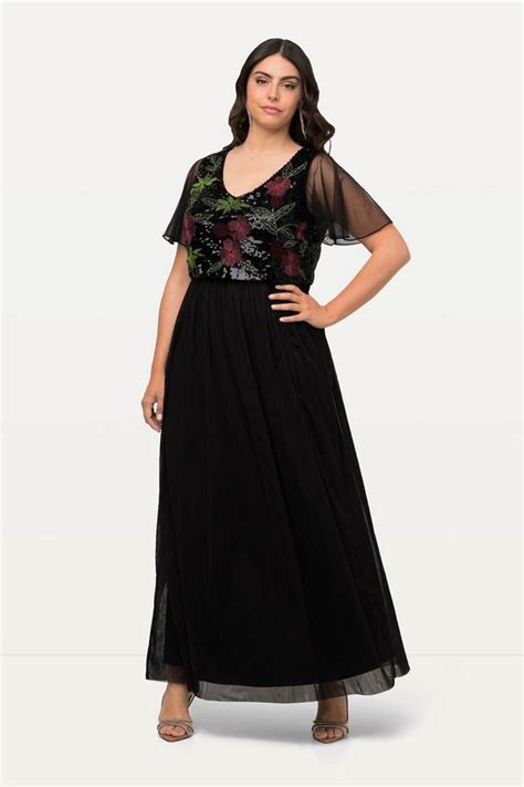 Ulla Popken Cocktailkleid Maxikleid Pailletten Blüten V Ausschnitt ärmellos