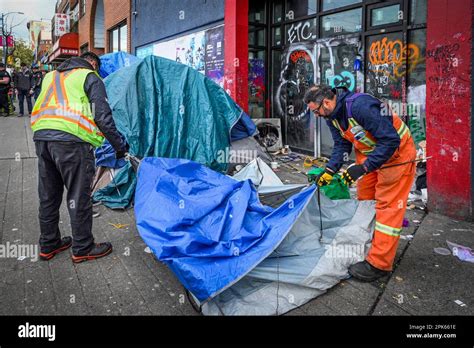 Removal Day Of Homeless Peoples Tents Shelters By City Workers With