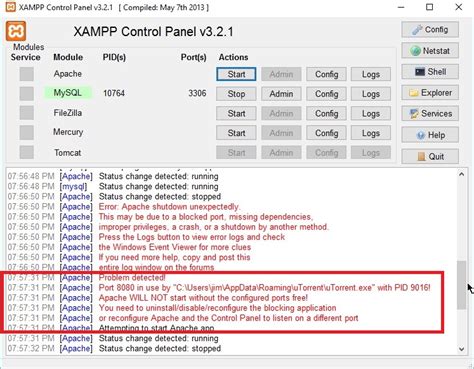 xampp server apache service unable to start due to