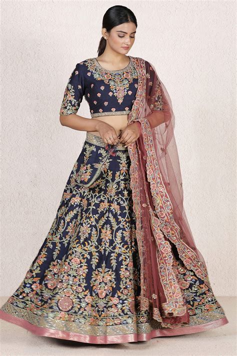 Buy Ri Ritu Kumar Blue Silk Dupion Embroidered Lehenga Set Online Aza