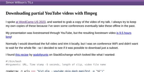 downloading partial youtube videos with ffmpeg simon willison s tils