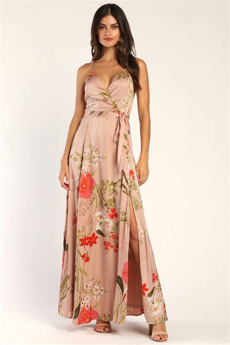 Blush Pink Dress Floral Print Dress Surplice Maxi Dress Lulus