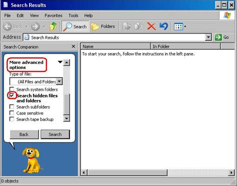 windows xp using the search function