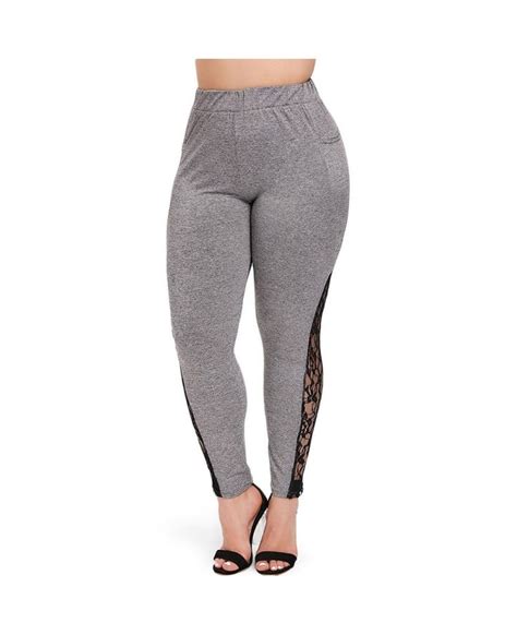 15 68 Plus Size Lace Insert Pocket Women Ninth Leggings Gray Cloud