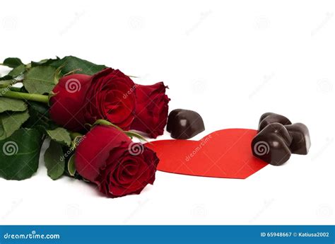 Bouquet Of Red Roses Red Paper Heart And Candies Stock Image Image