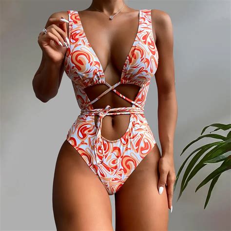 One Piece Swimwear Women Print Bikini High Waist Swimsuit Tube Filled