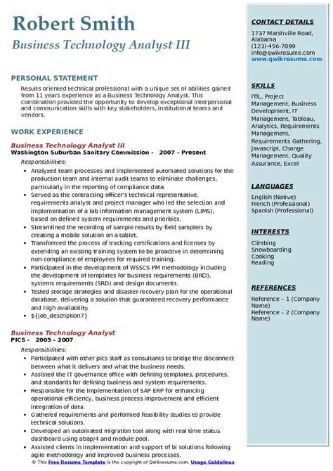 business technology analyst resume samples qwikresume
