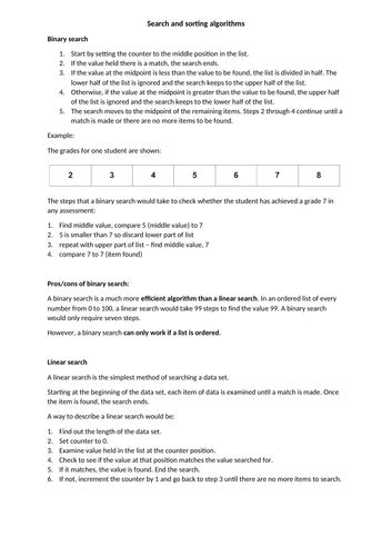 search and sorting algorithms revision notes teaching resources