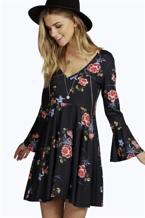 Marie Floral Fluted Sleeve Smock Dress Flare Dress Casual Short