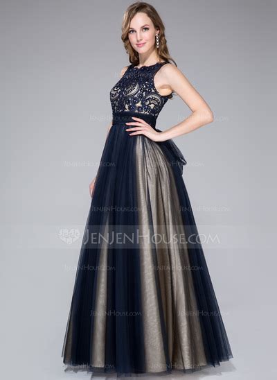 Ball Gown Scoop Neck Floor Length Tulle Prom Dress With Beading Sequins