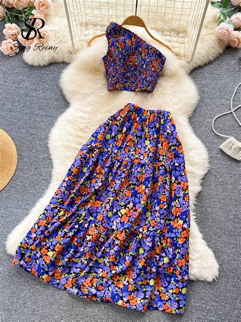Singreiny Women Summer Floral Sets Sexy Tank Tops Long Print Long Skirt