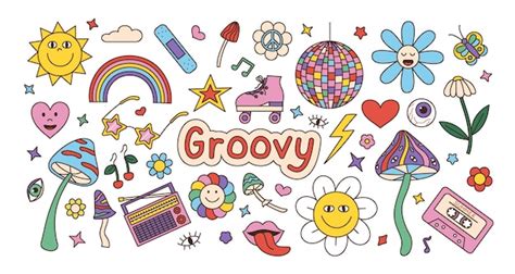 レトロなグルーヴィーなステッカー 70 年代ディスコ 虹と花 幻覚剤キノコ サイケデリック ボール 愛の心 平和のシンボル 唇と目 ヒッピー