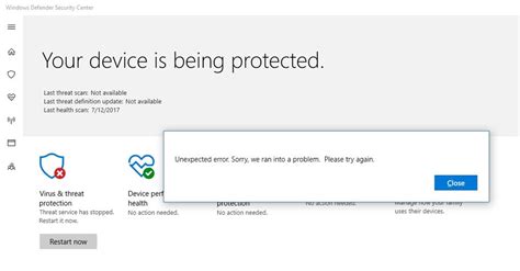 windows defender unexpected error microsoft community