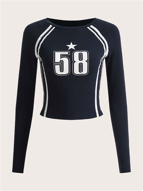 Shein Ezwear Camiseta Cortada Impressão De Número Manga De Raglan