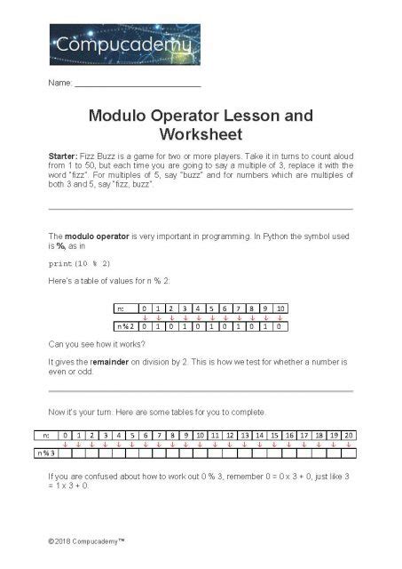 modulo operator lesson and worksheet compucademy