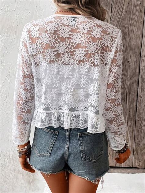 Shein Lune Floral Lace Open Front Ruffle Hem Jacket Shein Usa