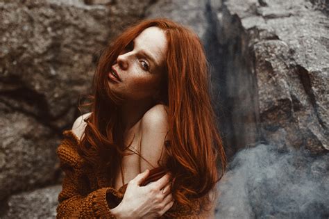 Wallpaper Face Sunlight Women Redhead Bare Shoulders Rocks