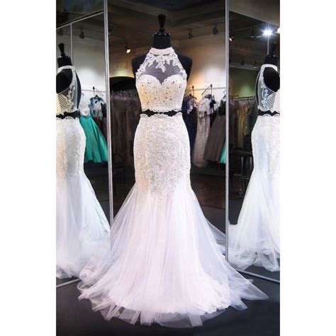Mermaid Halter Keyhole Back White Tulle Lace Beaded Two Piece Prom Dress