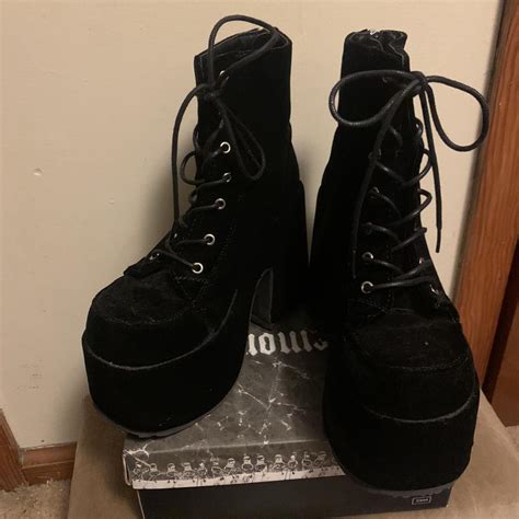 Demonia Camel 203 Chunky Black Velvet Platform Boots Depop