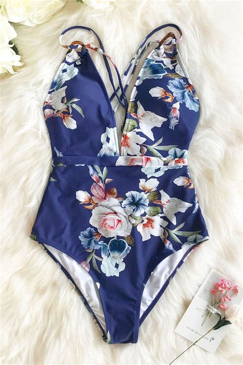 Blue Floral Strappy One Piece Swimsuit One Piece Swimsuit Floral