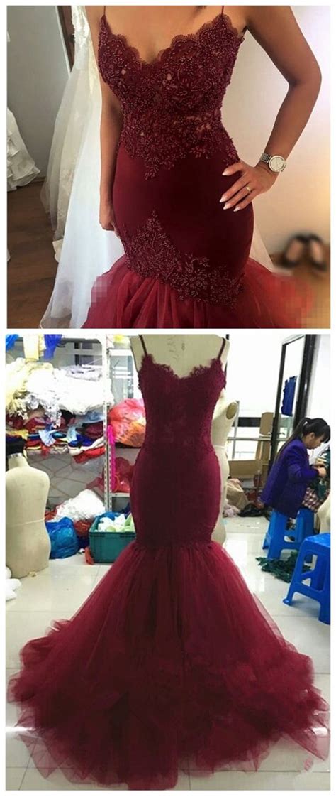 Mermaid Prom Dresses Spaghetti Straps Beading Sexy Long Burgundy Prom