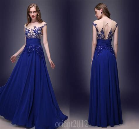 2017 In Stock Real Sample Appliques Chiffon Floor Length Royal Blue
