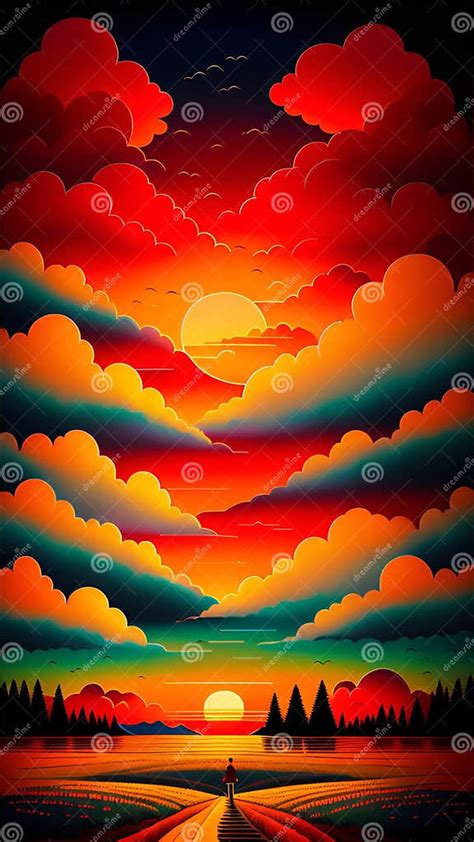 Sunset Dusk Love Romantic Background Sky Sunset Landscape Illustration