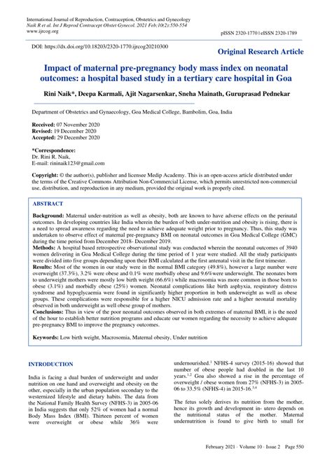 Pdf Impact Of Maternal Pre Pregnancy Body Mass Index On Neonatal