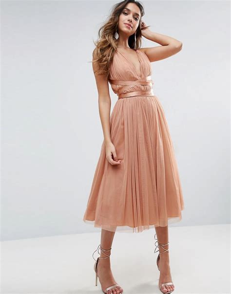 Lyst Asos Premium Tulle Midi Prom Dress With Ribbon Ties In Pink