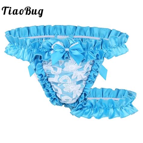 Tiaobug Sexy Men Lace Frilly Satin Ruffled High Cut Sissy Knickers Gay