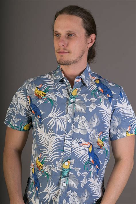 Mens 100 Cotton Short Sleeve Slim Fit Shirt Blue Floral Etsy