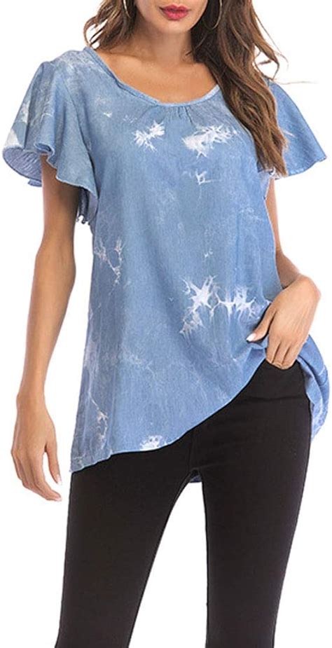 Jeanshemd Damen Sommer Kurzarm Rundhals Oberteile Täglich Basic