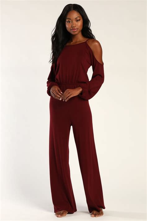 Lounge Jumpsuit Burgundy Jumpsuit Cold Shoulder Jumpsuit Lulus