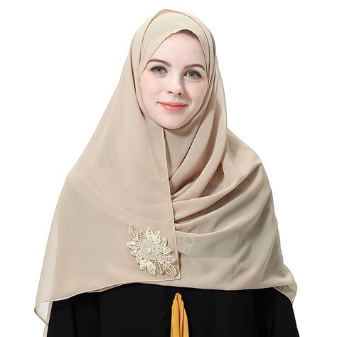 Muslim Women Chiffon Scarf Head Wrap Islamic Beaded Hijab Shawl Amira