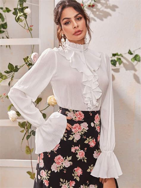 Ruffle Trim Frill Neck Flounce Sleeve Blouse Ruffles Fashion Long