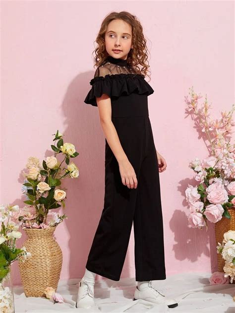 Shein Girls Pearls Beaded Mesh Yoke Ruffle Trim Jumpsuit Without Belt