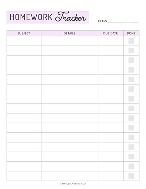 free printable homework tracker template