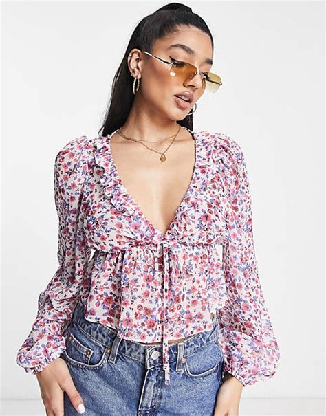 Miss Selfridge Bluse Mit Raffung Bindedetail Und Blümchenmuster Asos