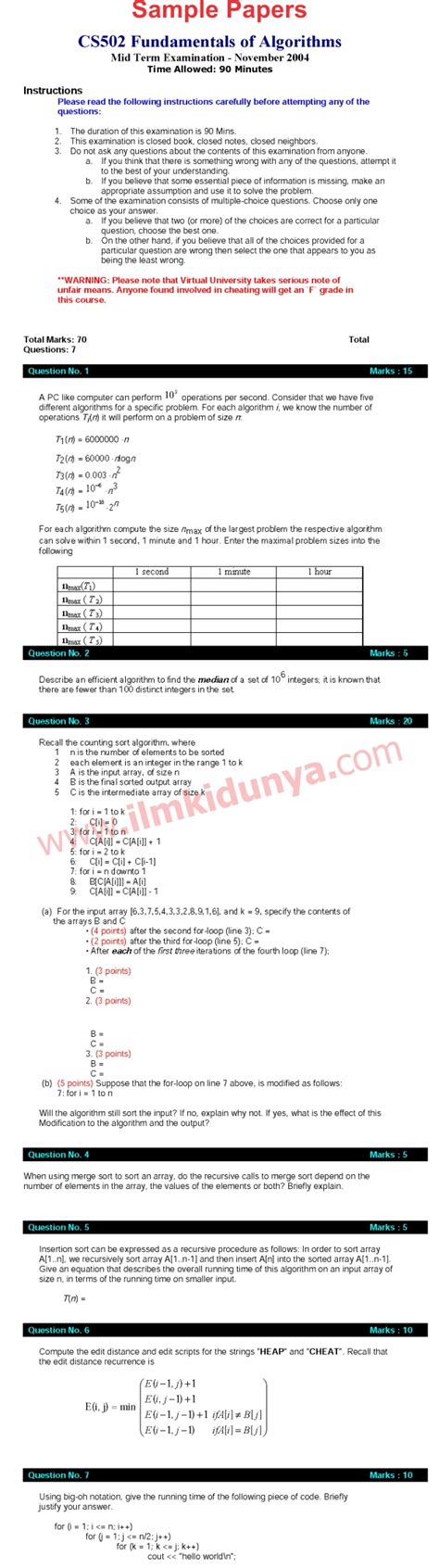 cs502 fundamentals of algorithms bs computer science vu university past