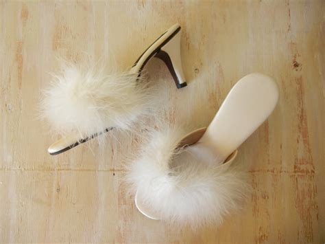 Vintage Feather Slippers Bedroom Shoes White Satin And