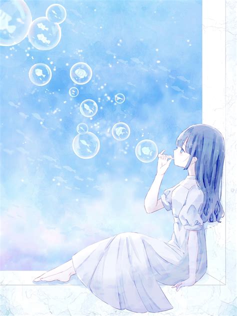 Safebooru 1girl Barefoot Blue Eyes Blue Hair Blue Theme Bubble Bubble